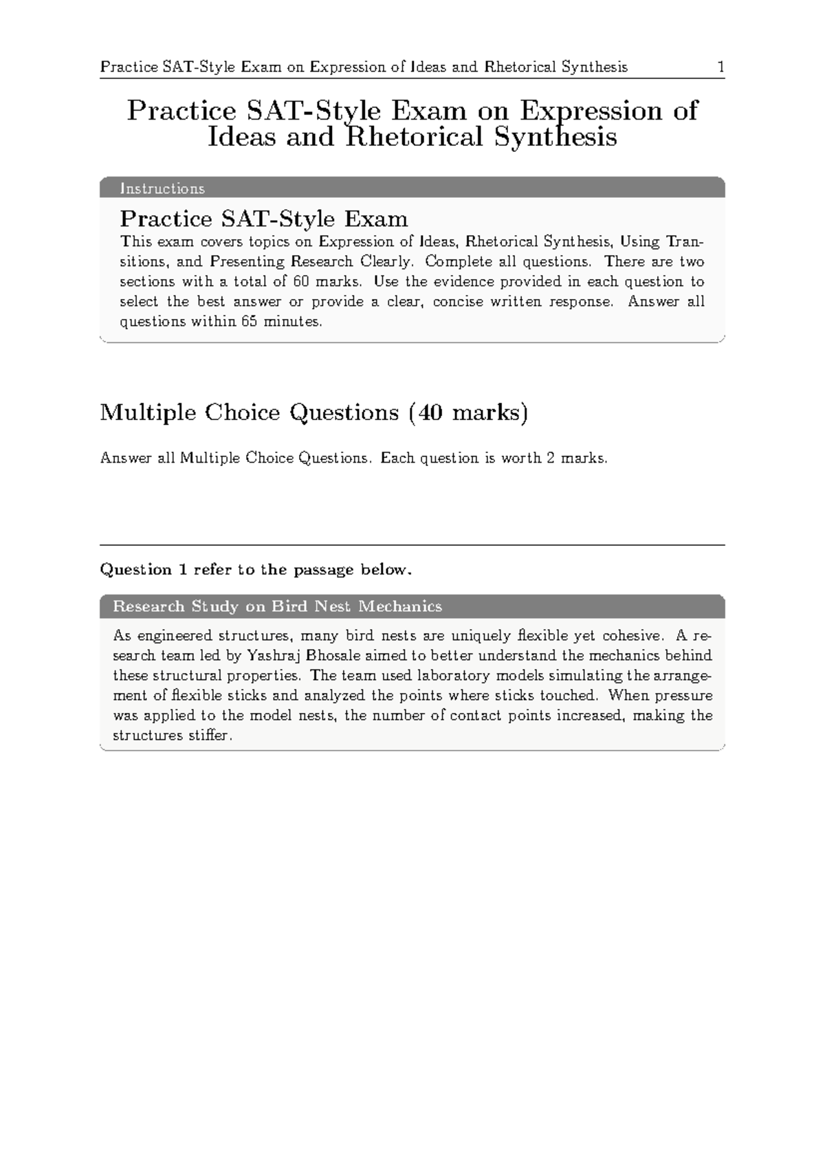 Practice Exam: Expression of Ideas & Rhetorical Synthesis (SAT) - Studocu