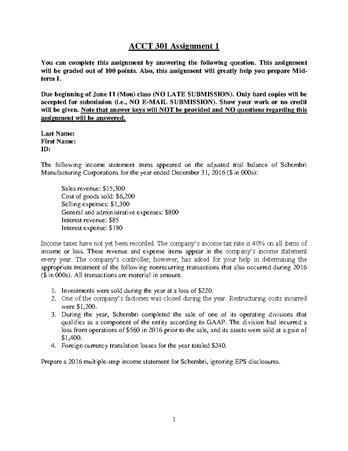 Assignment 1(Answer Key) - ACCT 301 Assignment 1 You can complete this ...