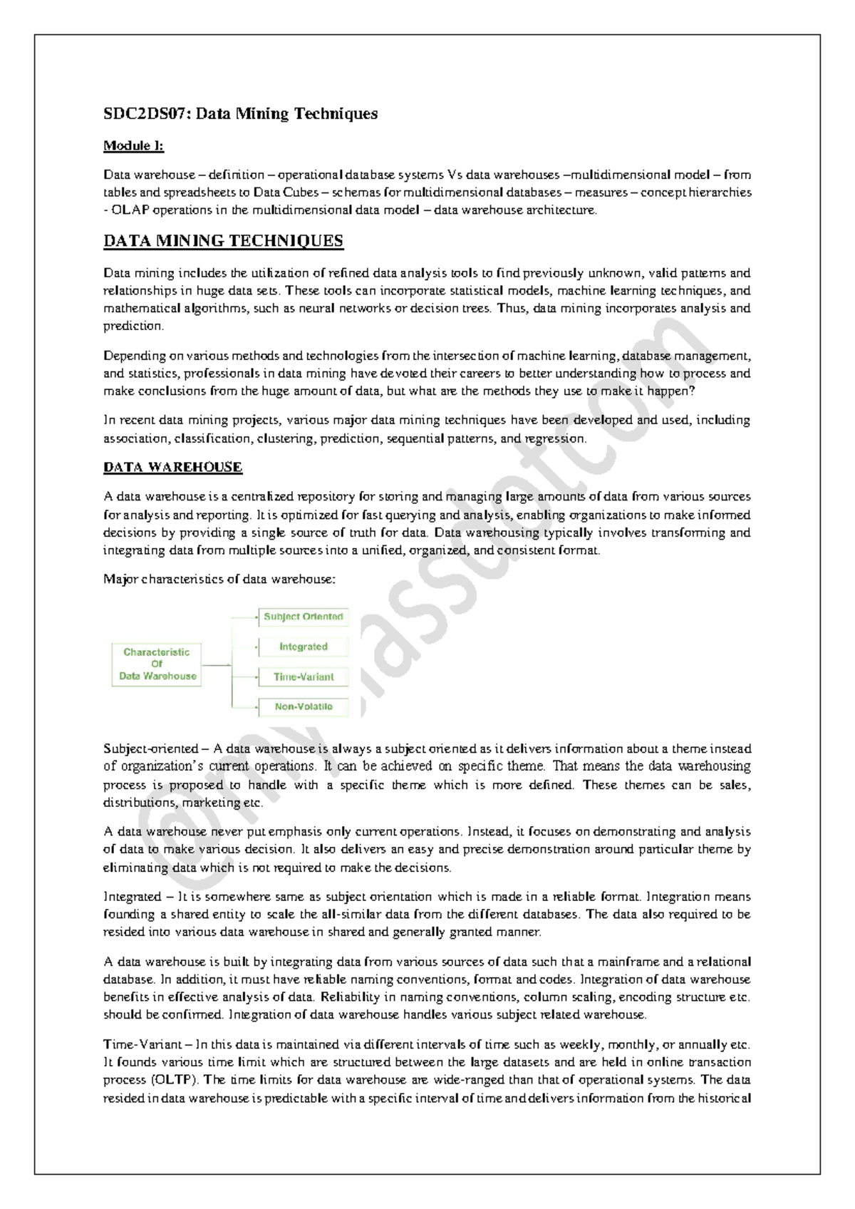 DAT Mining SDC2DS07: Module 1 - Data Warehouse & Techniques Notes - Studocu