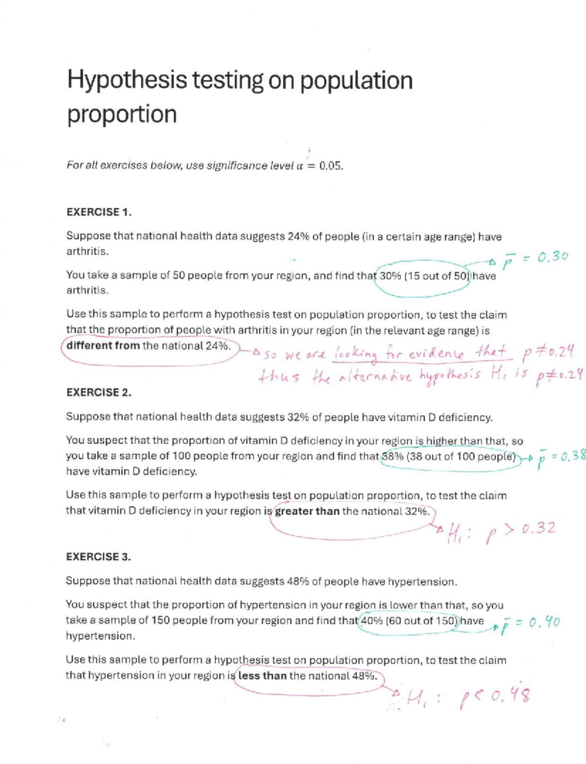 Population Proportion Hypothesis Testing Exercises (α = 0.05) - Studocu