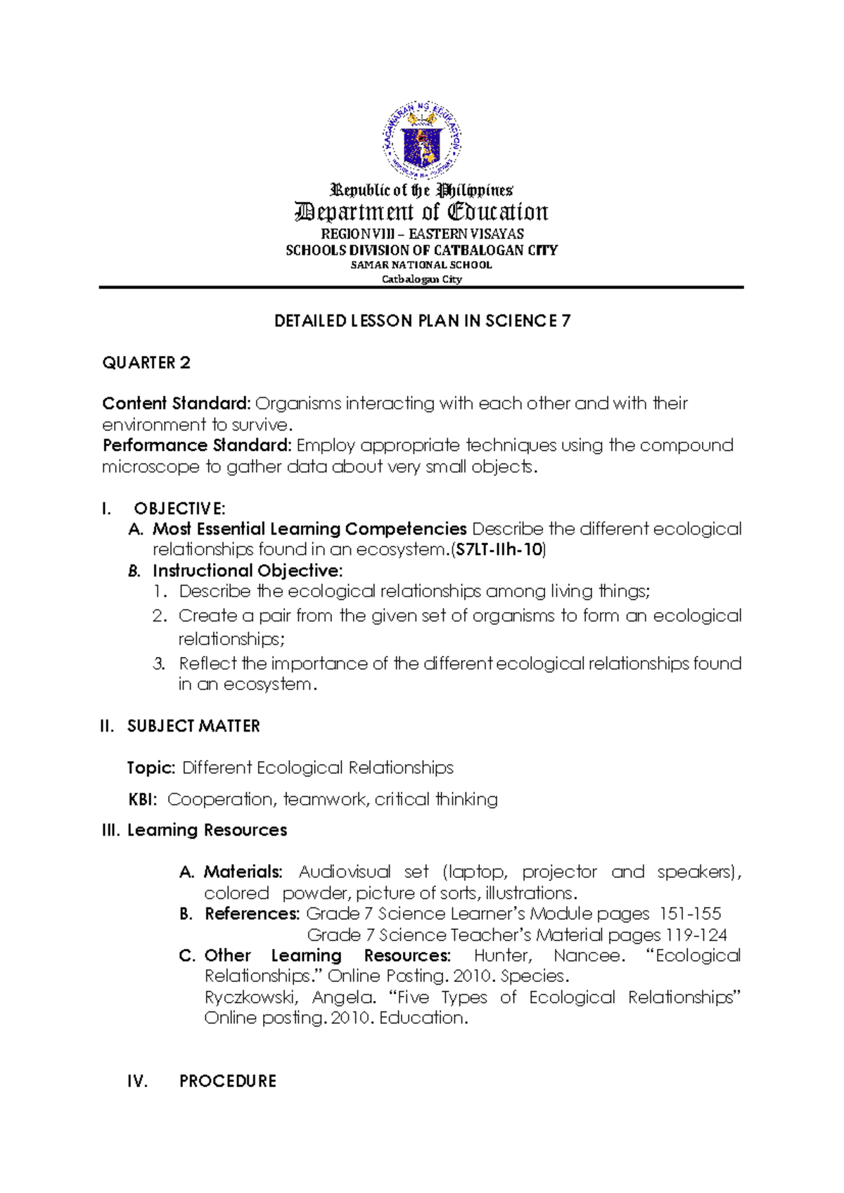 Detailed Lesson Plan on Ecological Relationships for G7 Science - Studocu