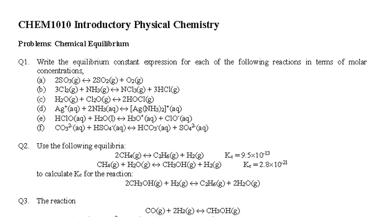 CHEM1010 Chemical Equilibrium Problems and Solutions Worksheet - Studocu