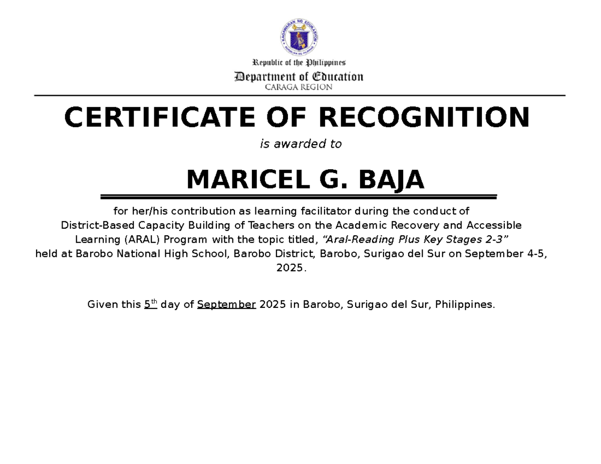 ARAL certificates - School Activity - CERTIFICATE OF RECOGNITION is ...