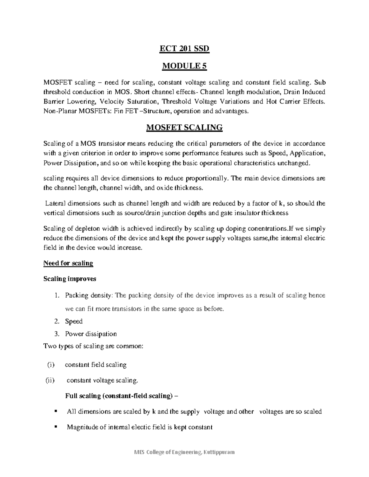 ECT 201 SSD Module 5: MOSFET Scaling and Short Channel Effects - Studocu