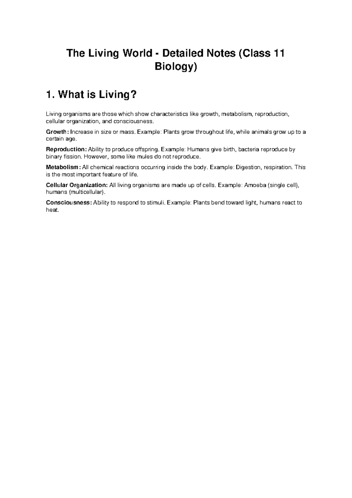 Class 11 Biology: Detailed Notes on The Living World - Studocu