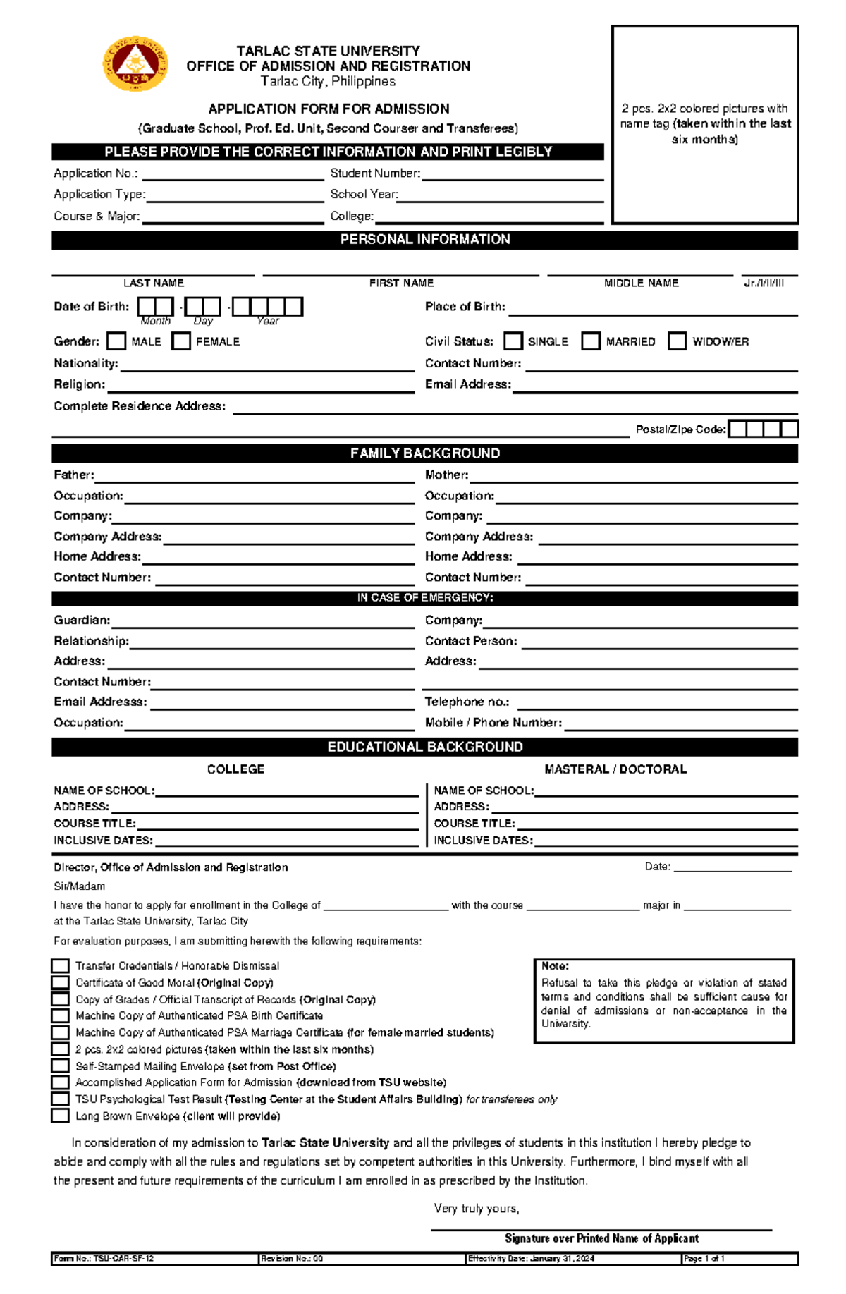 TSU Application Form for Admission - Graduate School - Studocu