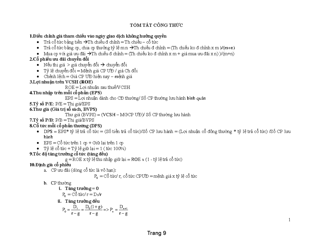 Tóm tắt công thức và bài tập chứng khoán (TTCK) - CTHUC - Studocu