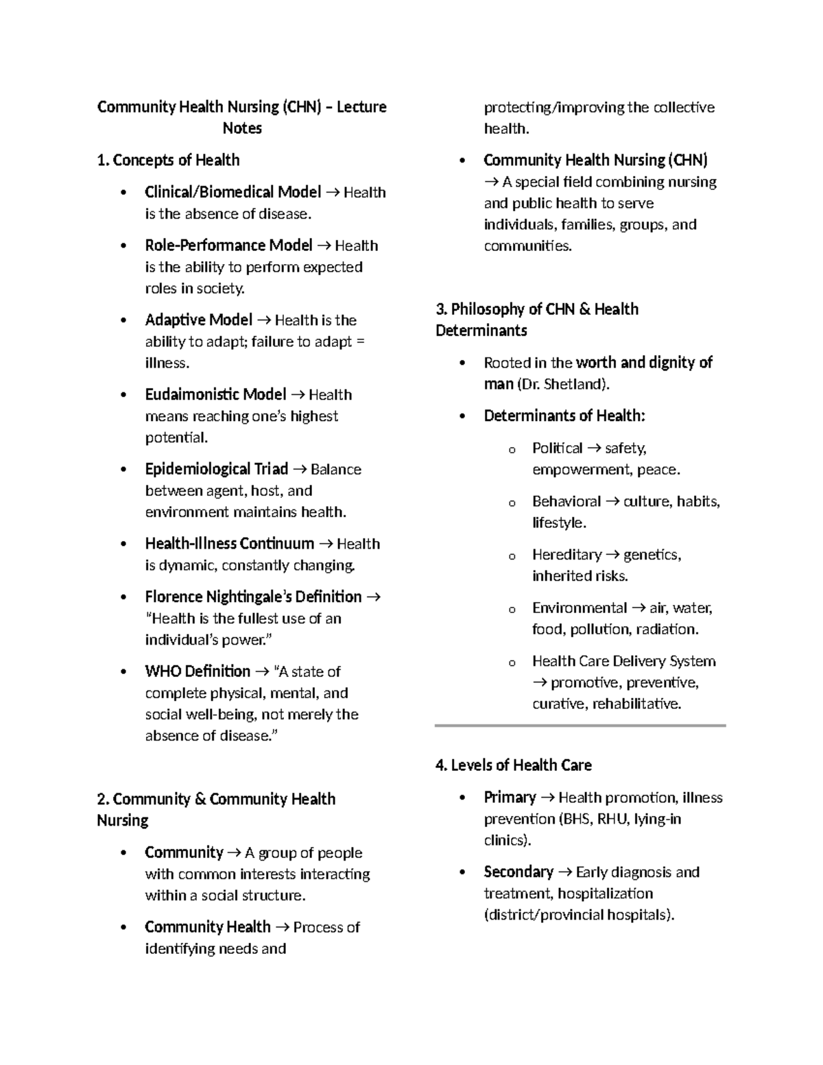 Community Health Nursing (CHN) Lecture Notes: Key Concepts and Models ...
