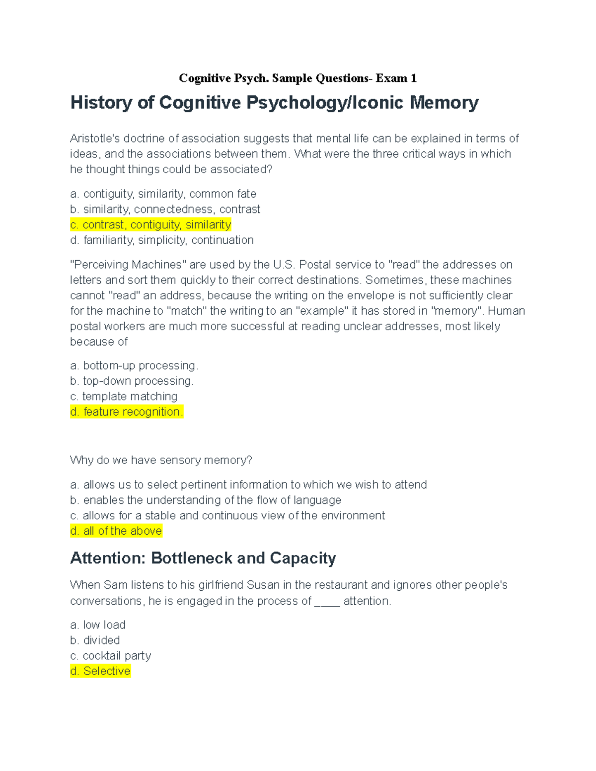 Cognitive Psych 101: Sample Exam 1 Questions & Answers - Studocu