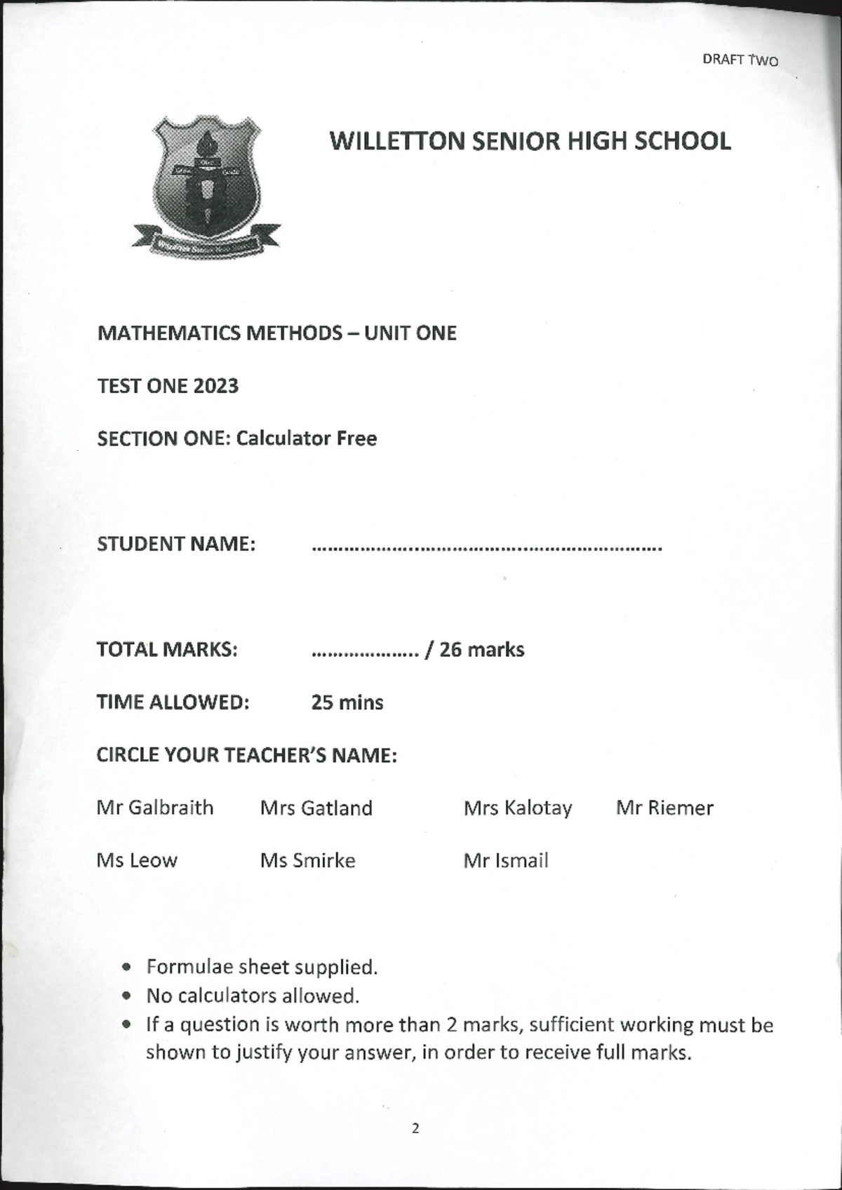 2023 YR 11 Methods Test 1 Solutions - DRAFT TWO WILLETTON SENIOR HIGH ...