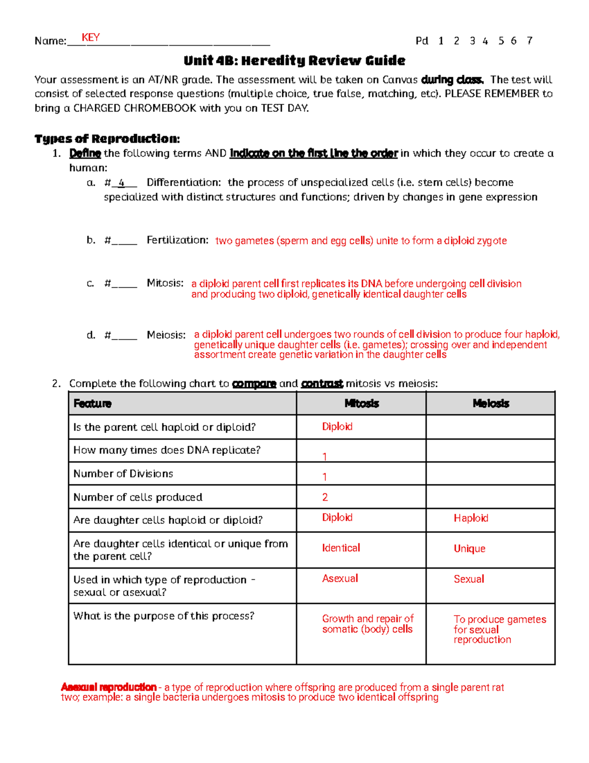 Unit 4B: Heredity Review Study Guide for AT/NR Assessment - Studocu