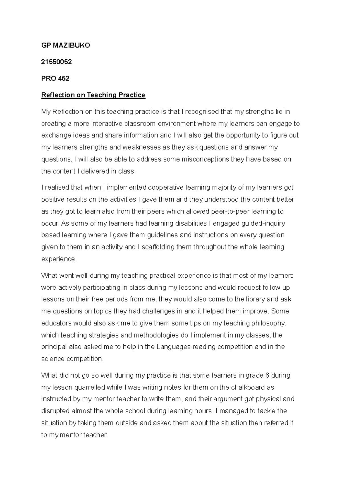 Reflection on Teaching Practice - PRO 452 Insights and Experiences ...