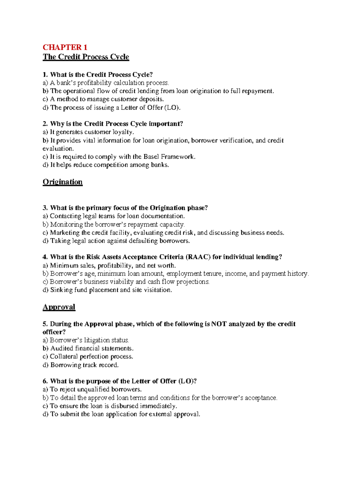 FIN367 Latihan - WORK - CHAPTER 1 The Credit Process Cycle What is the ...