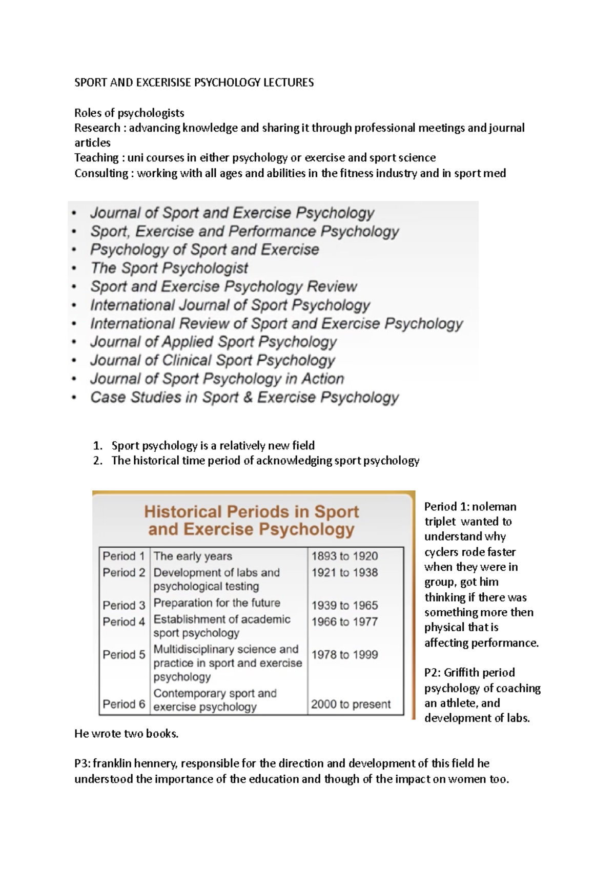 Psychology - noted - SPORT AND EXCERISISE PSYCHOLOGY LECTURES Roles of ...
