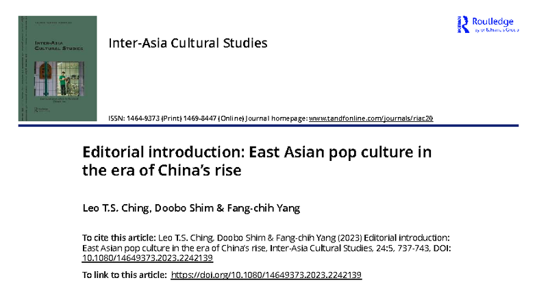 Cultural Studies 24:5 - Editorial Intro: East Asian Pop Culture & China ...