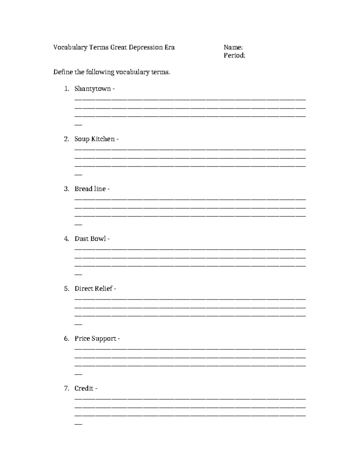 Great Dep Vocab - Vocabulary Terms Great Depression Era Name: Period ...