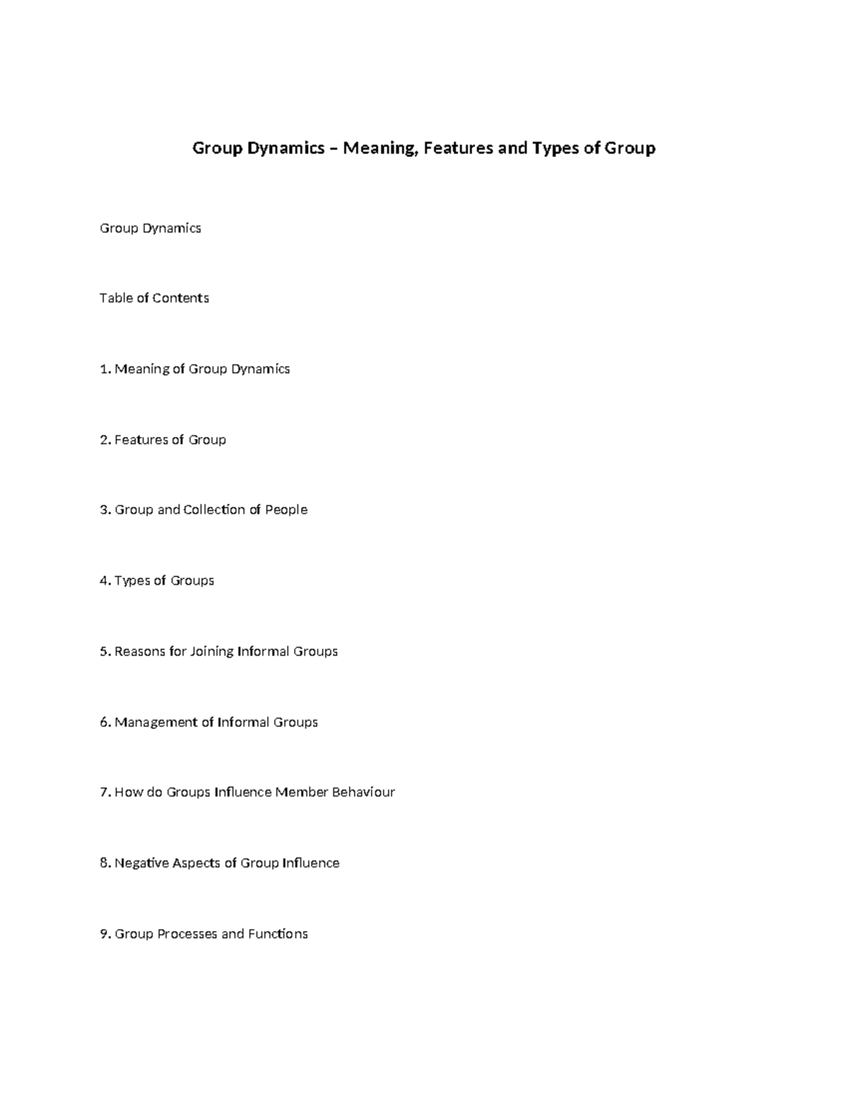 Group Dynamics: Meaning, Features, and Types - MBA/PGDM Notes - Studocu