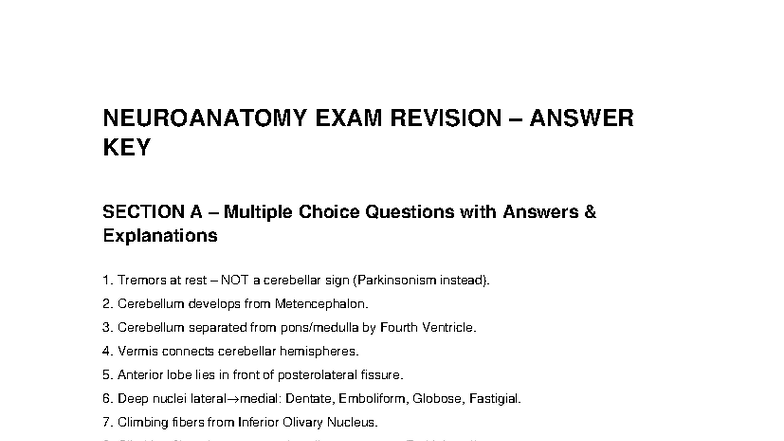NEUROANATOMY EXAM REVISION ANSWER KEY: MCQs & Short Answers - Studocu