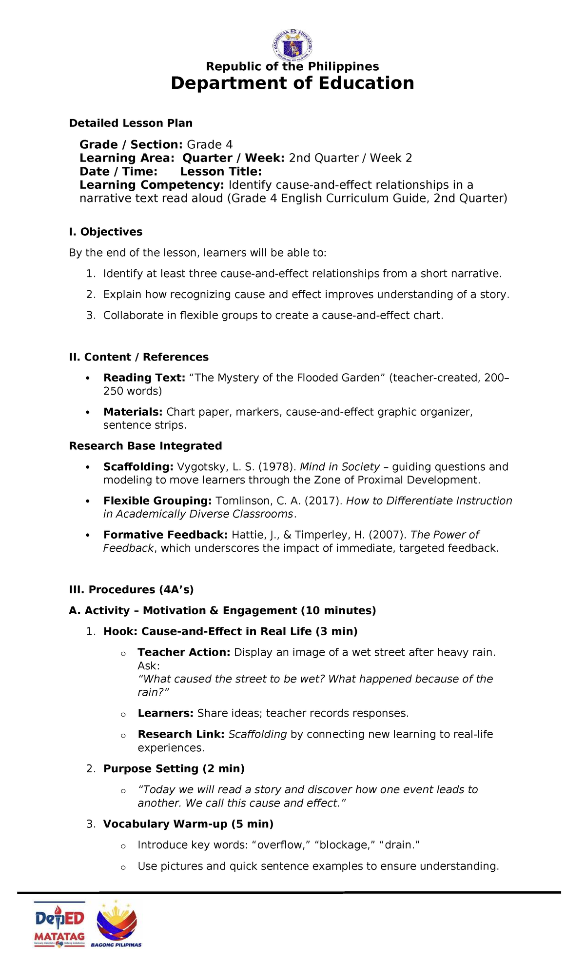 Grade 4 English Lesson Plan: Cause and Effect Relationships - Studocu