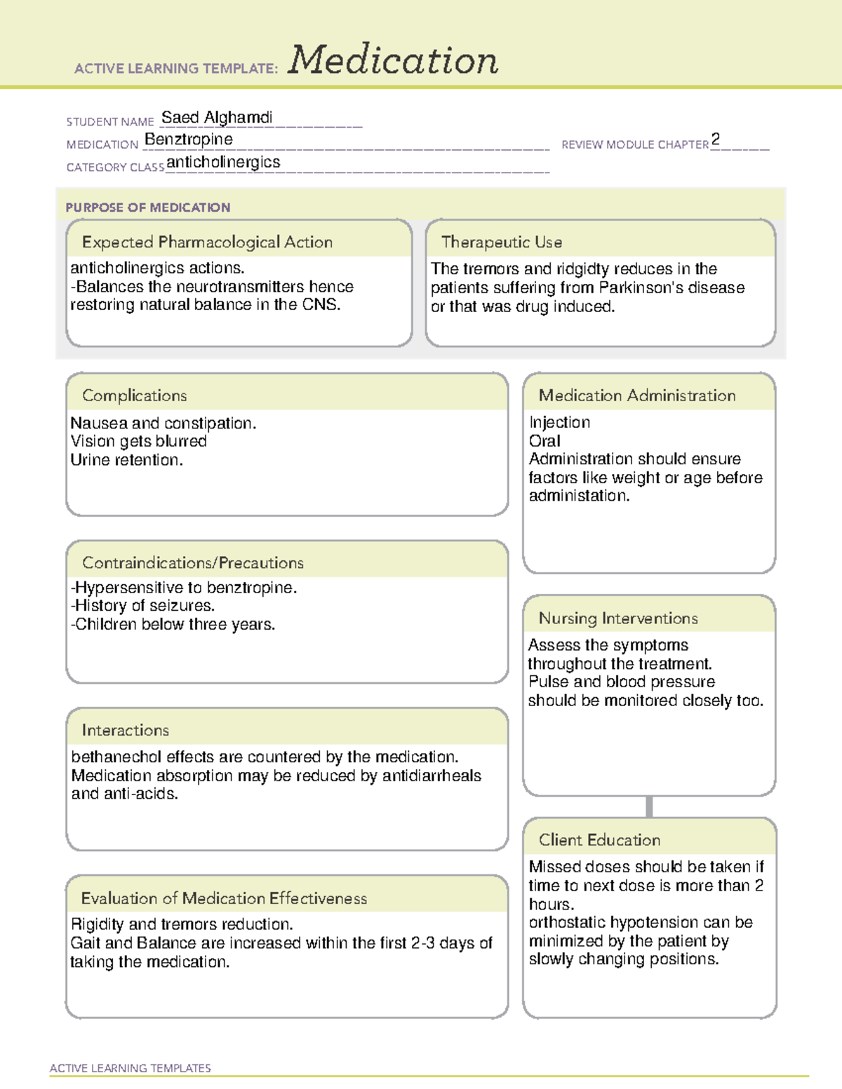 Benztropine (Anticholinergic) - Active Learning Template - Studocu