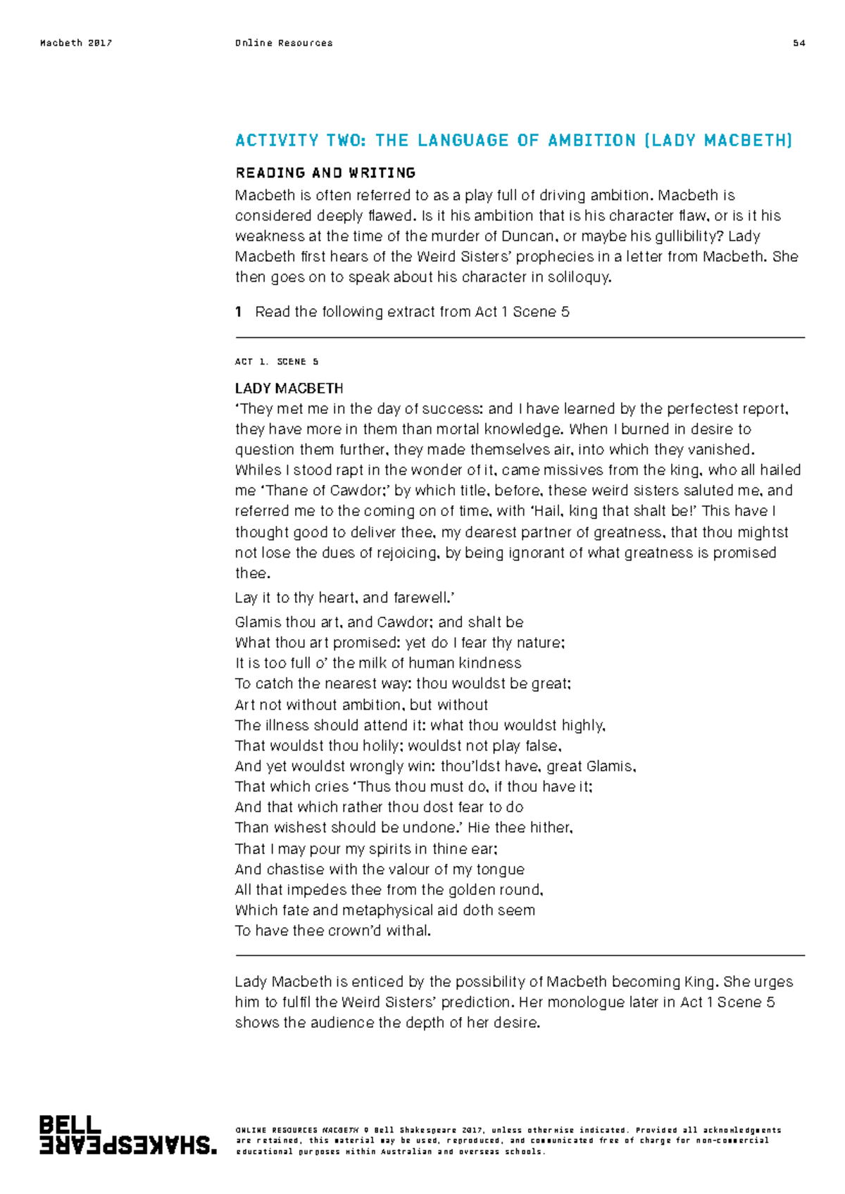 Macbeth 2017 Online Resources: Lady Macbeth's Ambition Analysis - Studocu