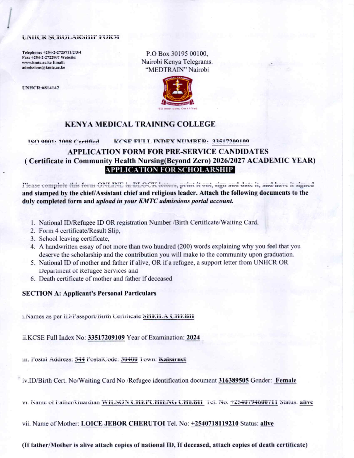 Daisy's Scholarship Application Form - KCSE 2024 - Studocu