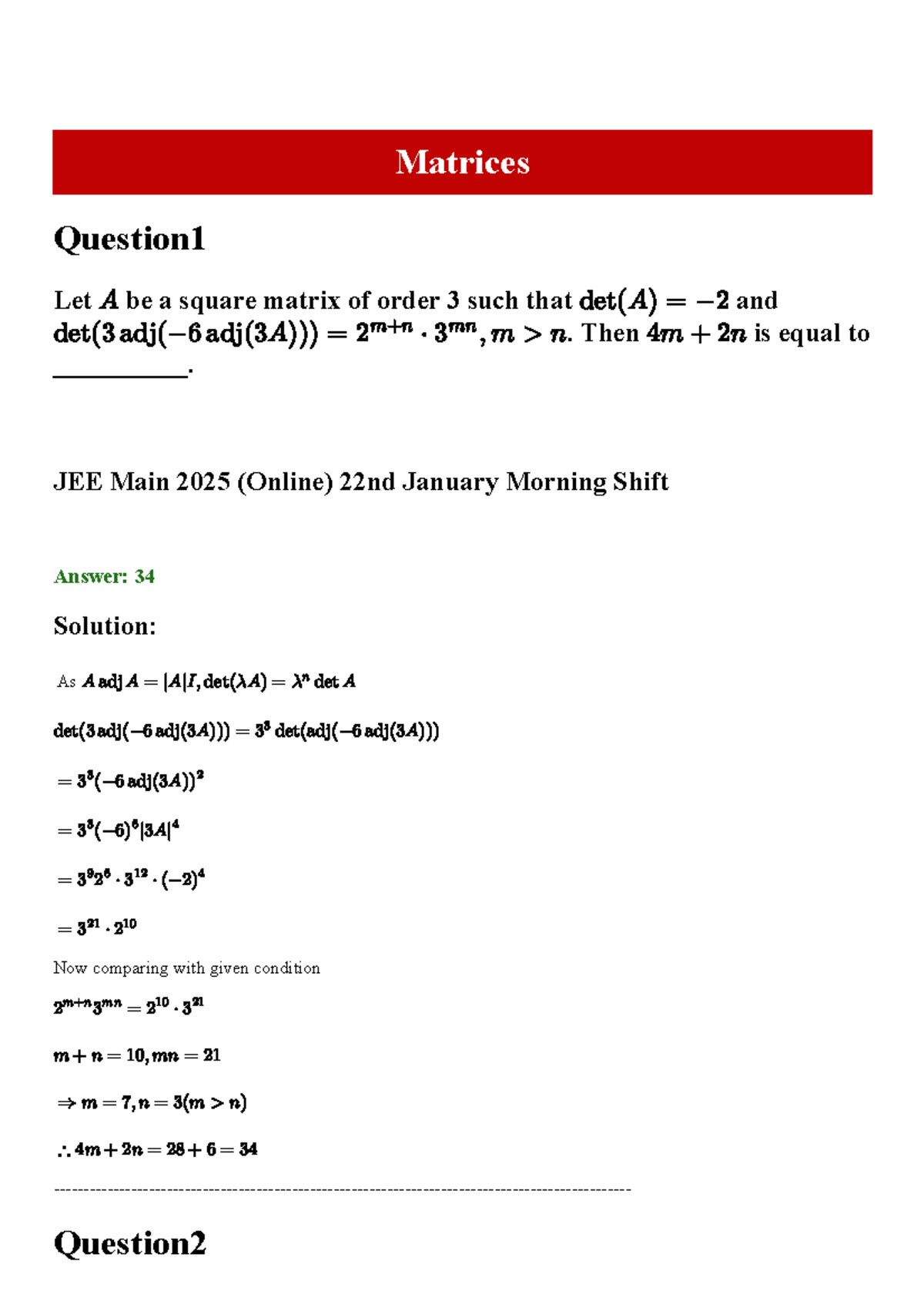 JEE Main 2025: Matrix Problems and Solutions (Online) - Studocu