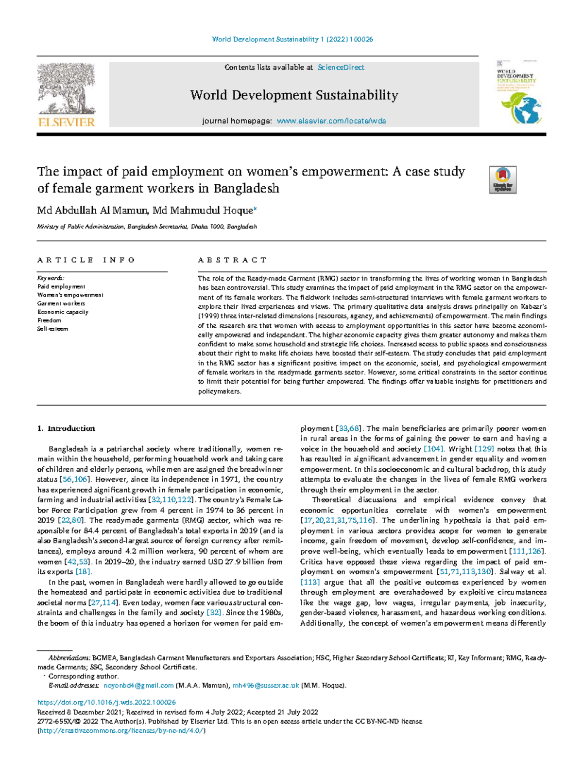 Empowerment Through Paid Employment: A Case Study of Female Garment ...
