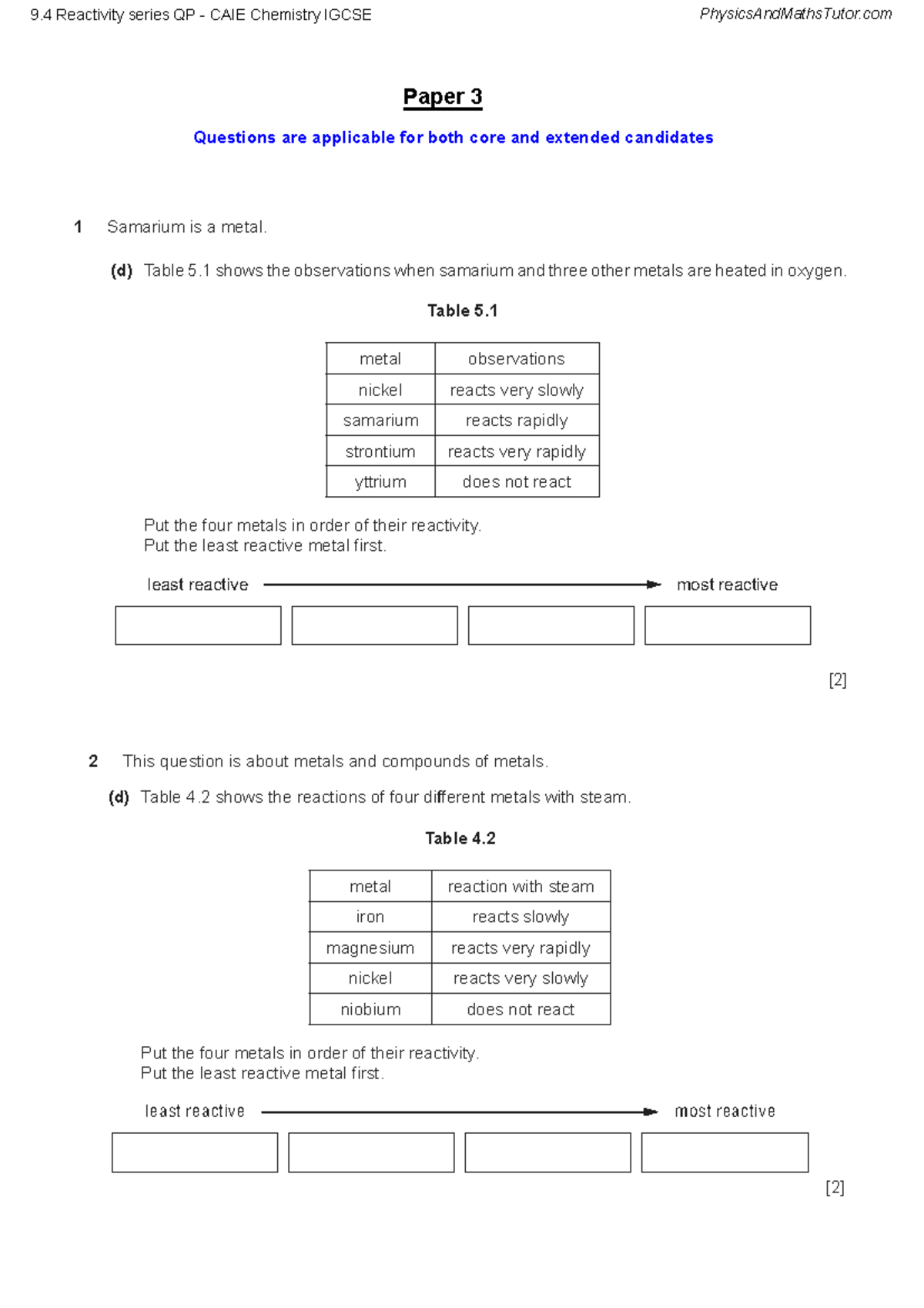 9.4 Reactivity Series QP - CAIE Chemistry IGCSE Paper 3 - Studocu