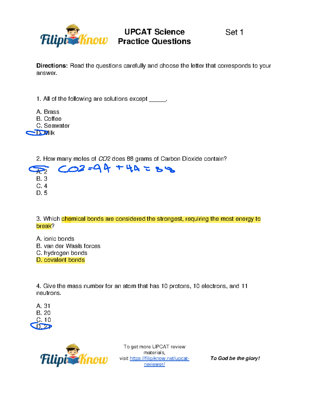 Upcat Science Practice Questions Set 1 - Practice Questions Set 1 To get more UPCAT review - Studocu