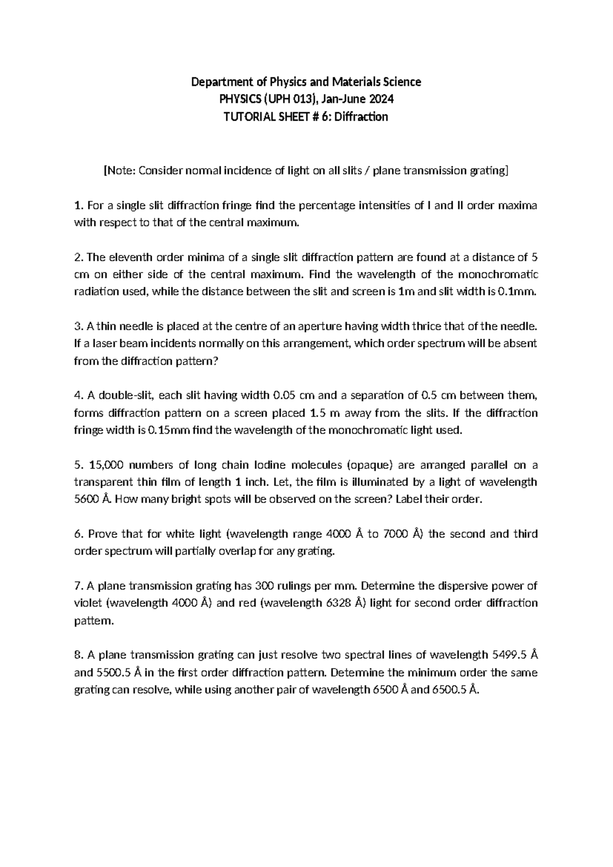 PHYSICS (UPH 013) - TUTORIAL SHEET #6: Diffraction Concepts & Problems ...