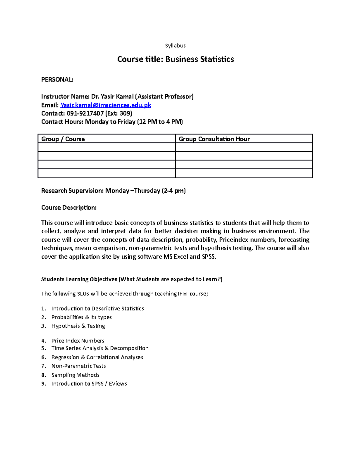 Outlines-stat - Lecture notes 1 - Syllabus Course title: Business ...