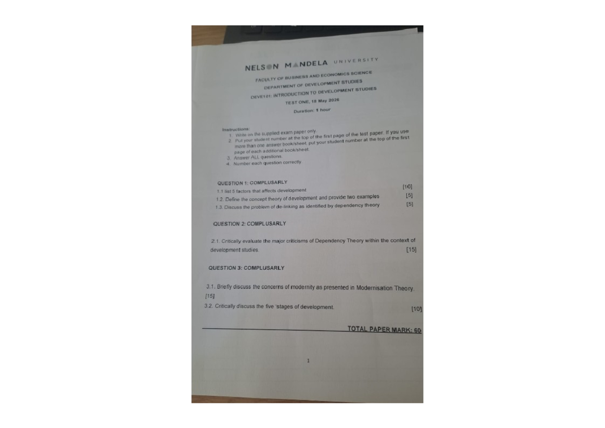 DEVE101: Test One on Development Studies - 18 May 2026 - Studocu