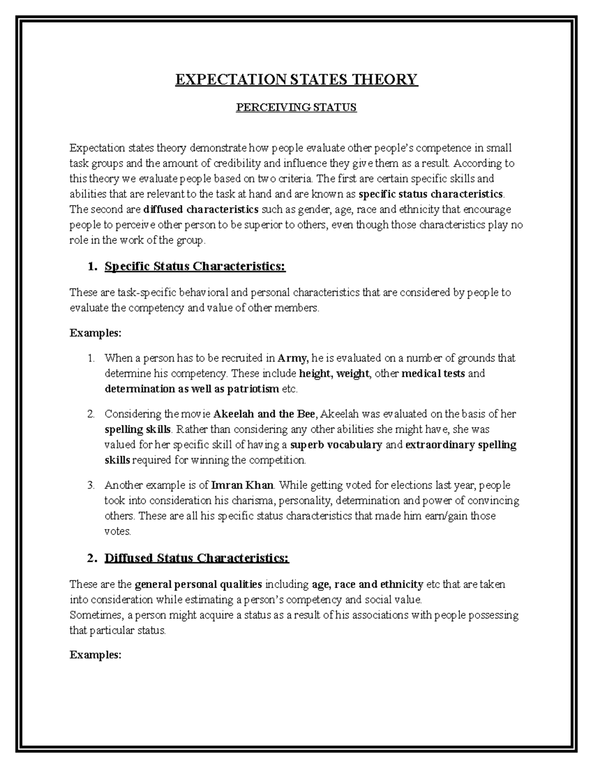Perceiving Status - Perception studies - EXPECTATION STATES THEORY ...
