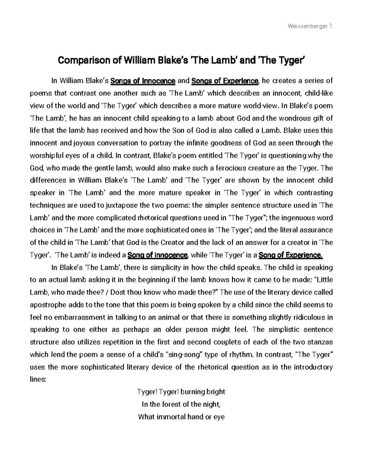 ENG 101: Comparison of Blake's 'The Lamb' and 'The Tyger' - Studocu