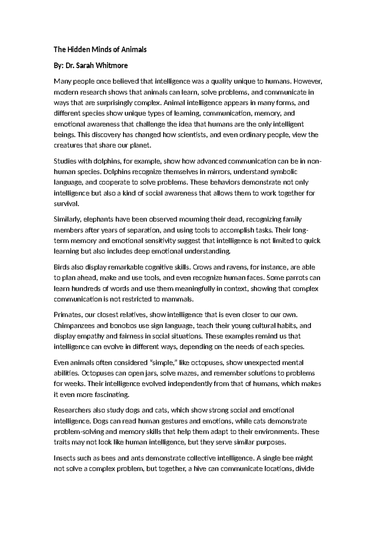 Animal Intelligence Unveiled: Insights from Dr. Sarah Whitmore - Studocu