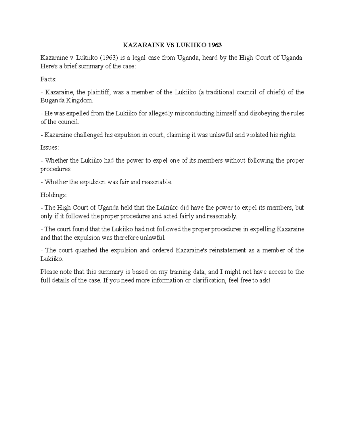 Kazaraine v Lukiiko (1963) - High Court Case Summary Analysis - Studocu