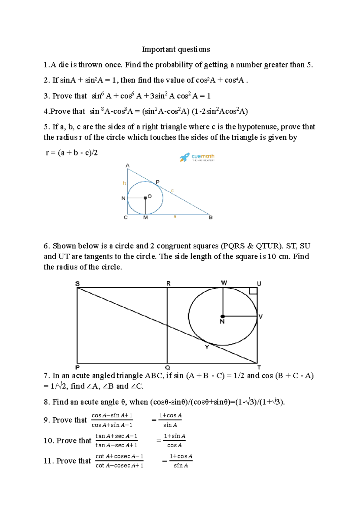 Important Questions for Math 101: Probability & Trigonometry - Studocu