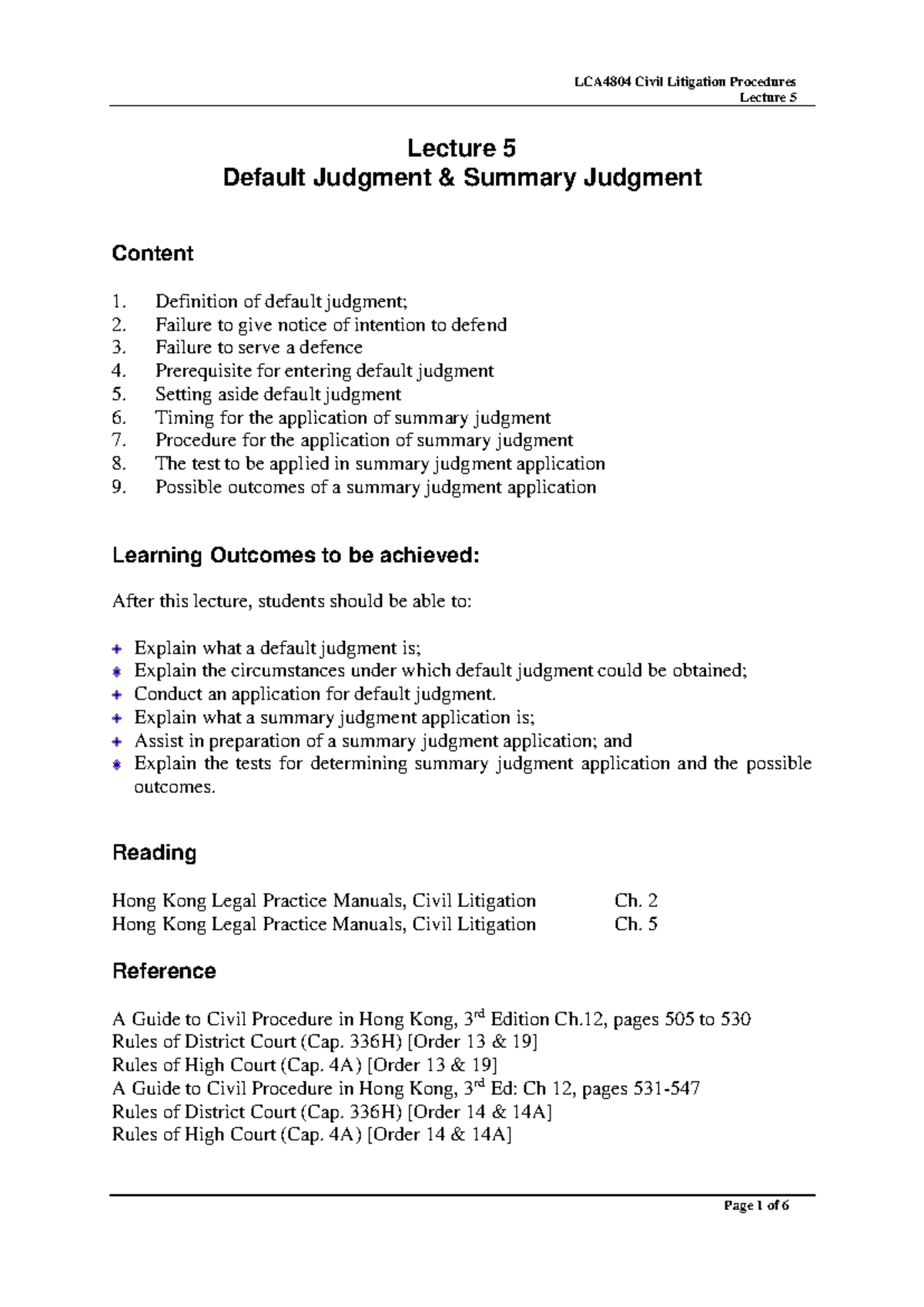 Lecture 5: Default Judgment & Summary Judgment Overview (Course Code) - Studocu