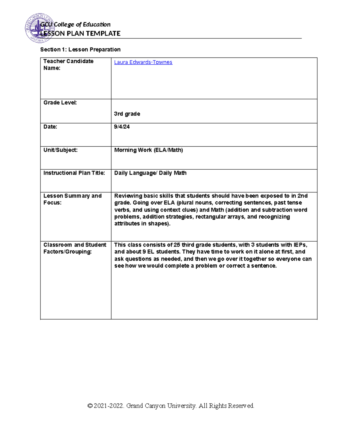 GCU-3rd Grade Lesson Plan Template for ELA/Math Daily Skills - Studocu
