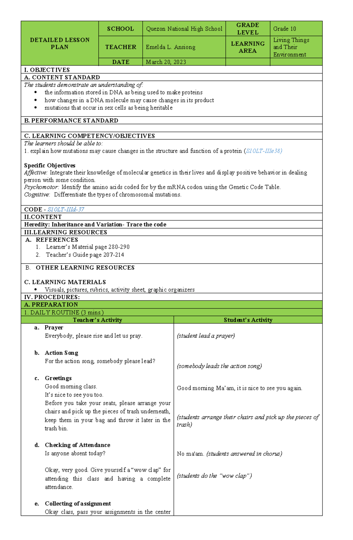 3 DLP- Trace the code - DLP in Science 10 4th quarter - DETAILED LESSON ...