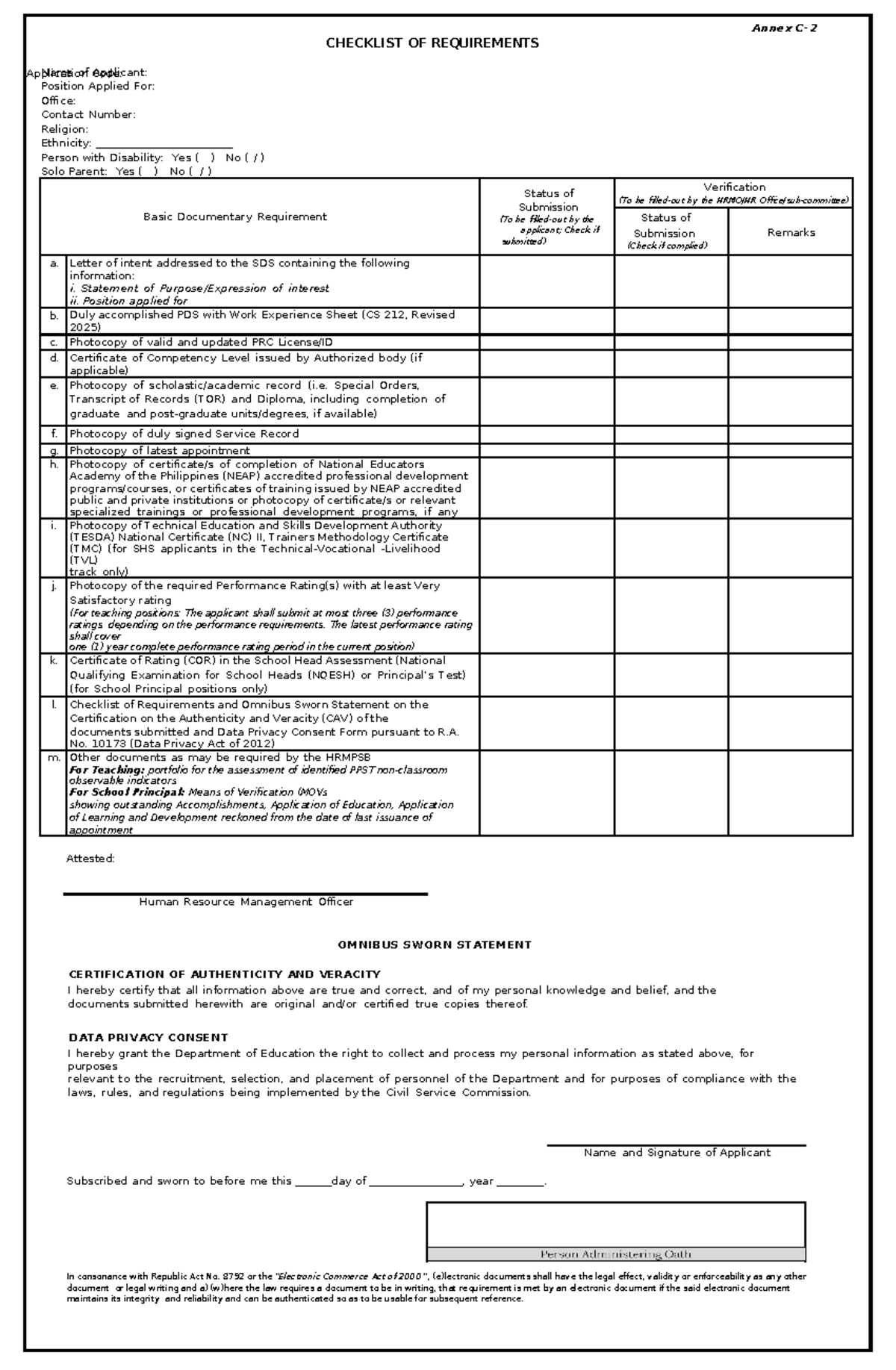 T3 Annex C-2: Checklist of Requirements & Omnibus Sworn Statement - Studocu