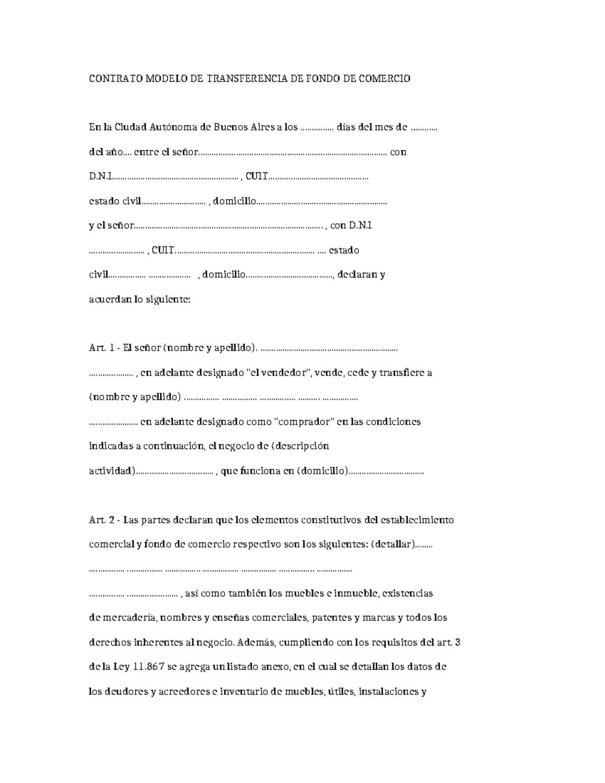 Contrato Modelo de Transferencia de Fondo de Comercio - Buenos Aires - Studocu