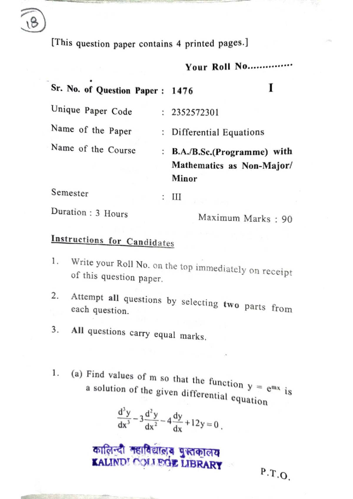 Differential Equations Exam Paper - Course Code: 2352572301 - Studocu