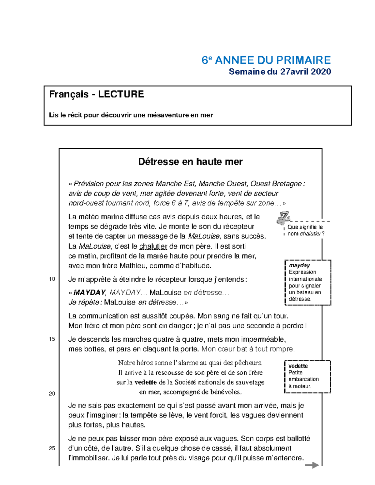 6e ANNEE DU PRIMAIRE - LECTURE : Détresse en haute mer - Studocu