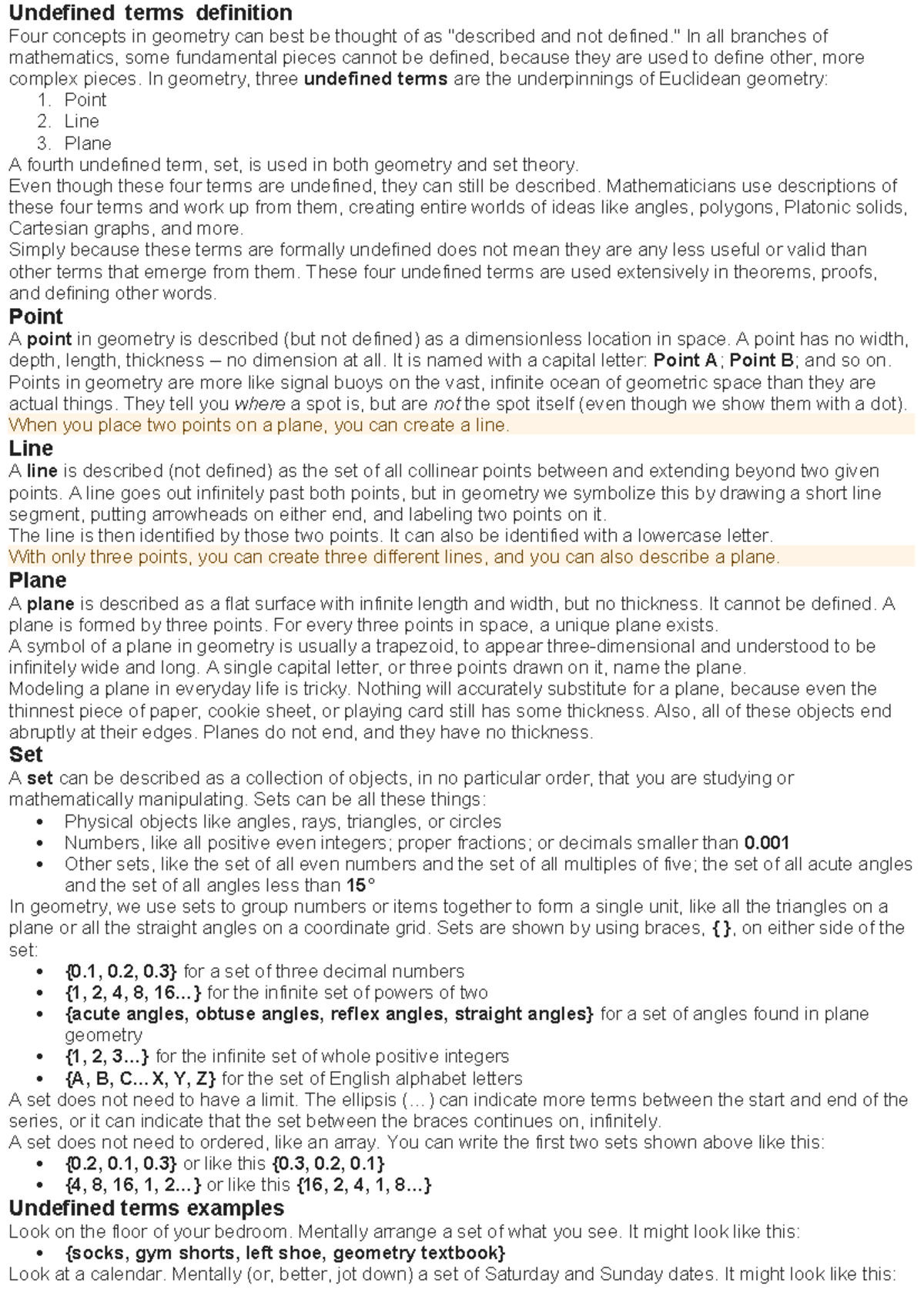 Undefined Terms in Geometry: Points, Lines, Planes & Sets (9 - FA2 ...