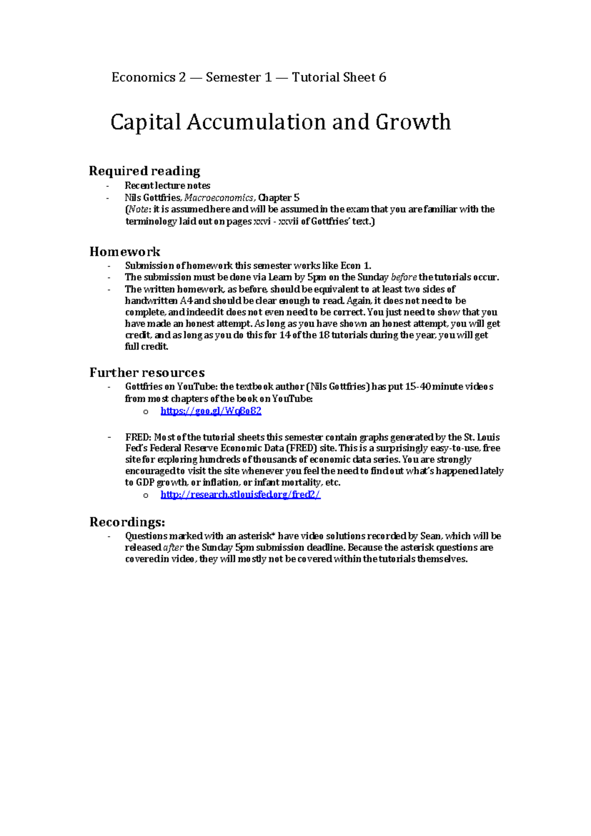 Economics 2 S1: Week 7 Tutorial Sheet Solutions on Growth and Capital - Studocu