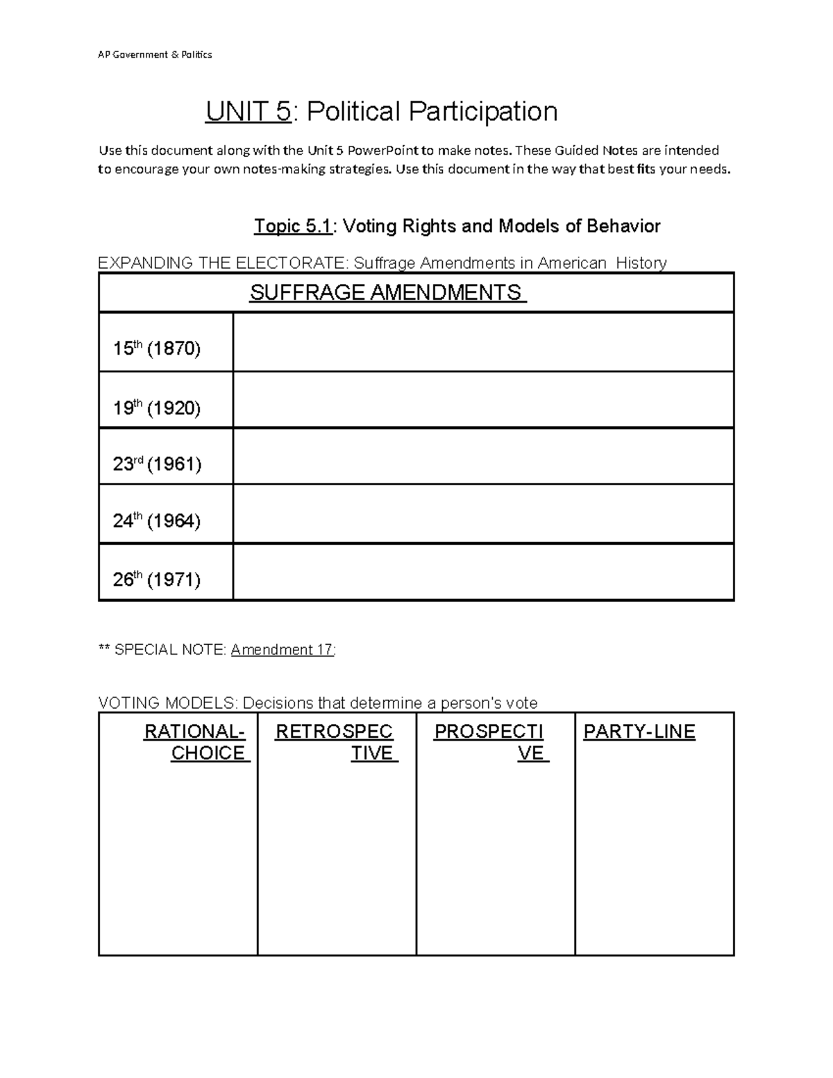 AP Gov & Politics: Unit 5 Guided Notes on Political Participation - Studocu