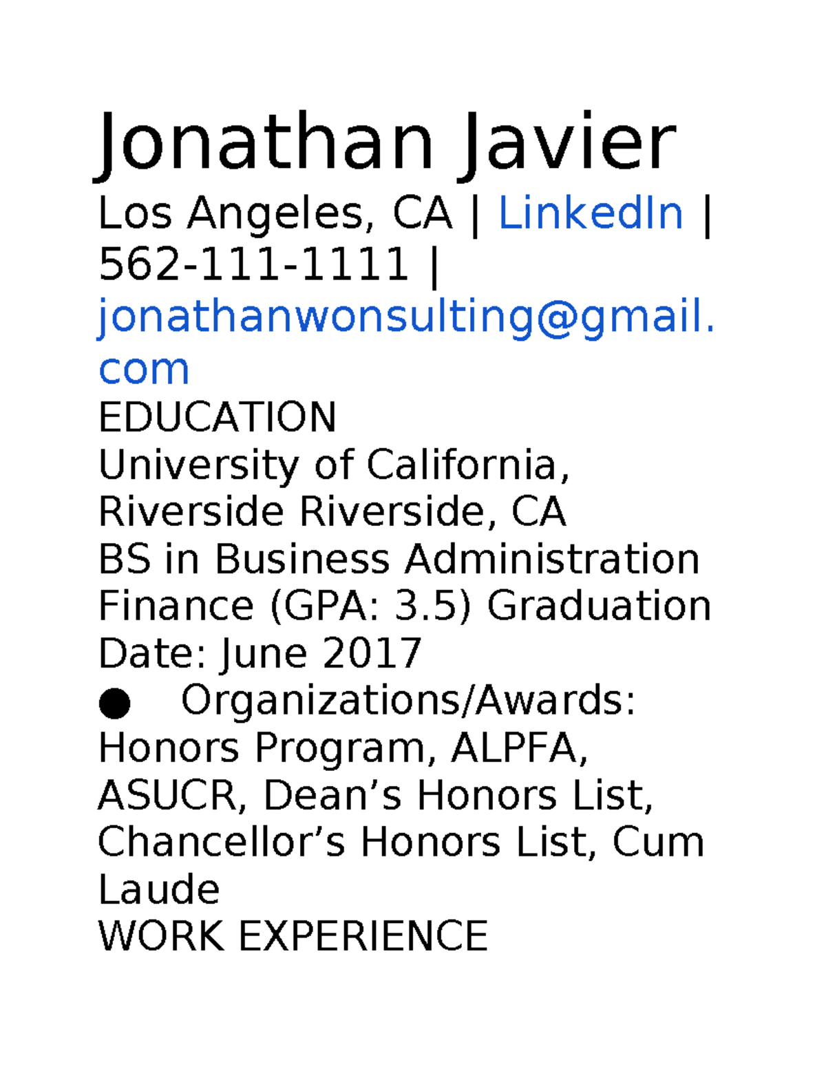 Analysis of Jonathan Javier's Resume and Work Experience Summary - Studocu