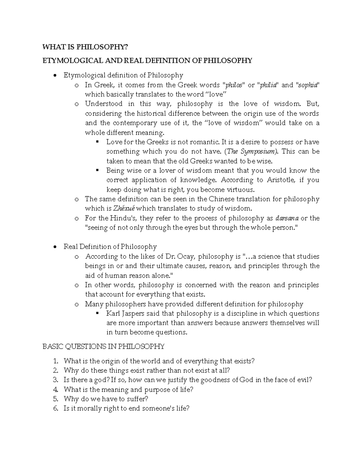 Philo-I: Understanding the Etymology and Definition of Philosophy - Studocu